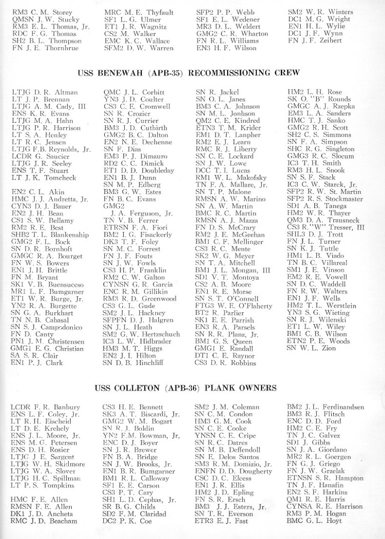 Plank Owner Lists: USS Askari (ARL-30) (cont.), USS Benewah (APB-35 ...